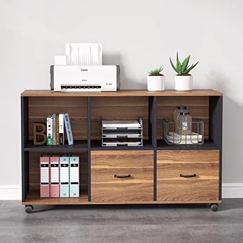 Tribesigns 2 Drawers Lateral File Cabinets, Home Office 43 inches Mobile Wood Filing Cabinet Printer Stand with Wheels and Open Storage Shelves,Drawers for Letter Size