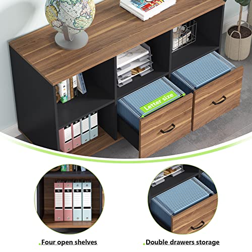 Tribesigns 2 Drawers Lateral File Cabinets, Home Office 43 inches Mobile Wood Filing Cabinet Printer Stand with Wheels and Open Storage Shelves,Drawers for Letter Size