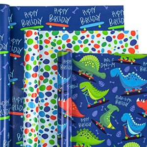 WRAPAHOLIC Birthday Wrapping Paper Roll - Mini Roll - 3 Rolls - 17 Inch X 120 Inch Per Roll - Cute Dinosaurs, Happy Birthday Lettering, Polka Dot for Kid's Birthday, Baby Shower