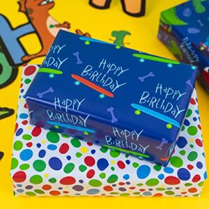 WRAPAHOLIC Birthday Wrapping Paper Roll - Mini Roll - 3 Rolls - 17 Inch X 120 Inch Per Roll - Cute Dinosaurs, Happy Birthday Lettering, Polka Dot for Kid's Birthday, Baby Shower