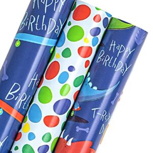 WRAPAHOLIC Birthday Wrapping Paper Roll - Mini Roll - 3 Rolls - 17 Inch X 120 Inch Per Roll - Cute Dinosaurs, Happy Birthday Lettering, Polka Dot for Kid's Birthday, Baby Shower