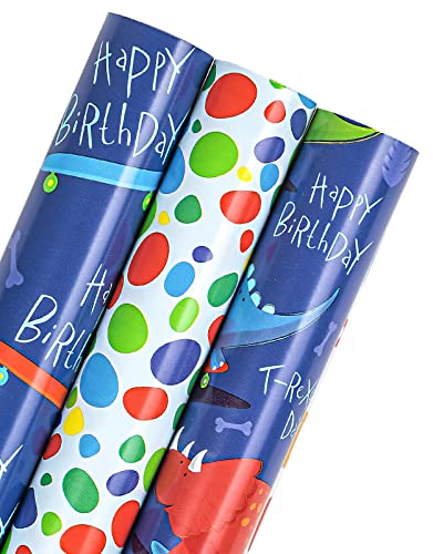 WRAPAHOLIC Birthday Wrapping Paper Roll - Mini Roll - 3 Rolls - 17 Inch X 120 Inch Per Roll - Cute Dinosaurs, Happy Birthday Lettering, Polka Dot for Kid's Birthday, Baby Shower