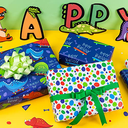 WRAPAHOLIC Birthday Wrapping Paper Roll - Mini Roll - 3 Rolls - 17 Inch X 120 Inch Per Roll - Cute Dinosaurs, Happy Birthday Lettering, Polka Dot for Kid's Birthday, Baby Shower