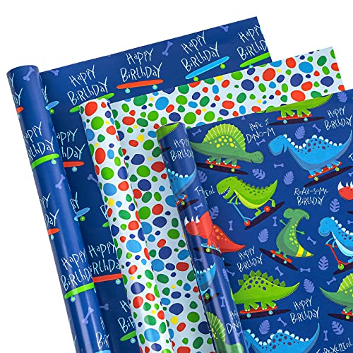 WRAPAHOLIC Birthday Wrapping Paper Roll - Mini Roll - 3 Rolls - 17 Inch X 120 Inch Per Roll - Cute Dinosaurs, Happy Birthday Lettering, Polka Dot for Kid's Birthday, Baby Shower