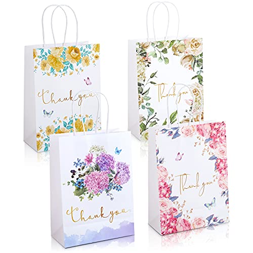 Thank You Gift Bags 12 Pack Floral Design Small Thank You Bags with Handles, 8.6" X 6.2" X 3" White Kraft Paper Bags Favor Bags Gift Bags for Small Business Wedding Bridal Shower Baby Shower