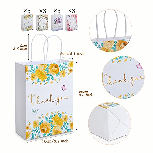 Thank You Gift Bags 12 Pack Floral Design Small Thank You Bags with Handles, 8.6" X 6.2" X 3" White Kraft Paper Bags Favor Bags Gift Bags for Small Business Wedding Bridal Shower Baby Shower