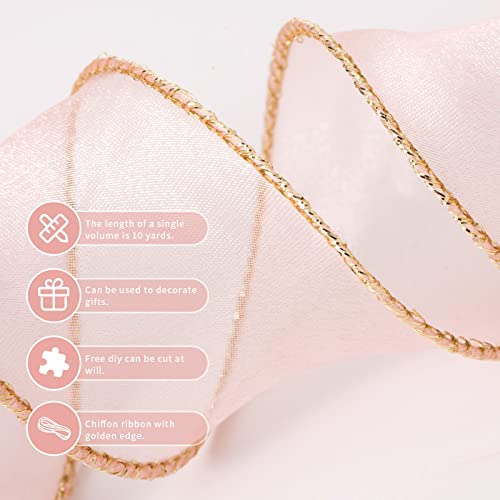 Ornales Sheer Wired Organza Ribbon,Chiffon Ribbon with Golden Edge for Gift Wrapping, DIY Crafts Bouquet Garland Baking Decoration 1-1/2 in x 10-Yd (Light)