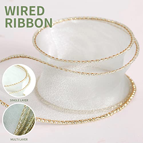 Ornales Sheer Wired Organza Ribbon,Chiffon Ribbon with Golden Edge for Gift Wrapping, DIY Crafts Bouquet Garland Baking Decoration 1-1/2 in x 10-Yd (Light)