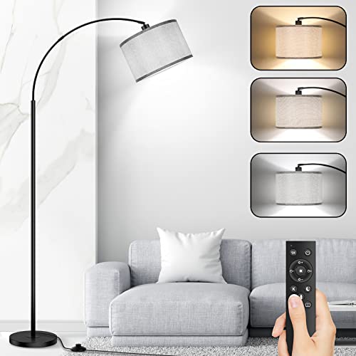 Arc Floor Lamps for Living Room, Modern Remote Control Standing Lamp with Stepless Dimmable, Black Tall Lamp with Gary Drum Shade, Over Couch Arched Reading Light for Bedroom, Office(Bulb Included)