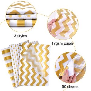 MIAHART 60 Pcs Gold White Tissue Paper Bulk 3 Style Decorative Metallic Wrapping Paper for Gift Bags Birthday Christmas Party Decoration, DIY Arts Crafts Gold Dot Wave Design Patterned(60 Sheet)