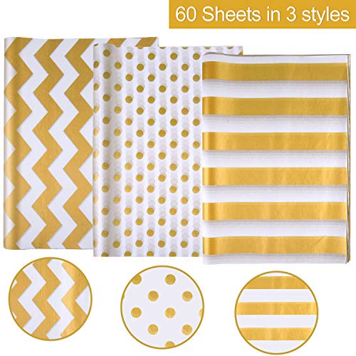 MIAHART 60 Pcs Gold White Tissue Paper Bulk 3 Style Decorative Metallic Wrapping Paper for Gift Bags Birthday Christmas Party Decoration, DIY Arts Crafts Gold Dot Wave Design Patterned(60 Sheet)