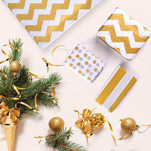 MIAHART 60 Pcs Gold White Tissue Paper Bulk 3 Style Decorative Metallic Wrapping Paper for Gift Bags Birthday Christmas Party Decoration, DIY Arts Crafts Gold Dot Wave Design Patterned(60 Sheet)