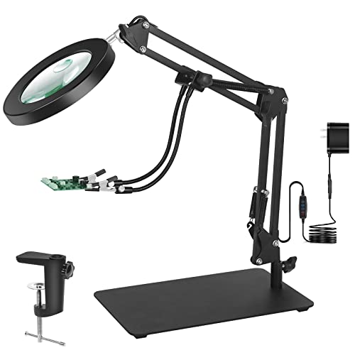 Magnifying Glass with Light, EOOKU 3-in-1 Magnifying Desk Lamp 5X & 10X Magnifying Glass with Light, Adjustable Swivel Gooseneck Arms & Heavy Duty Base Plate…