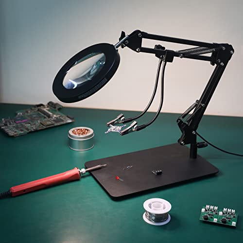 Magnifying Glass with Light, EOOKU 3-in-1 Magnifying Desk Lamp 5X & 10X Magnifying Glass with Light, Adjustable Swivel Gooseneck Arms & Heavy Duty Base Plate…