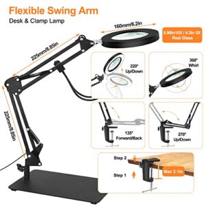 Magnifying Glass with Light, EOOKU 3-in-1 Magnifying Desk Lamp 5X & 10X Magnifying Glass with Light, Adjustable Swivel Gooseneck Arms & Heavy Duty Base Plate…