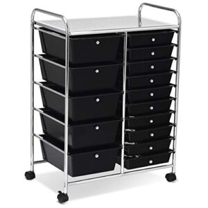 15 drawer rolling storage cart, mobile utility cart with lockable wheels, drawers, multipurpose organizer cart for home, office, school, black