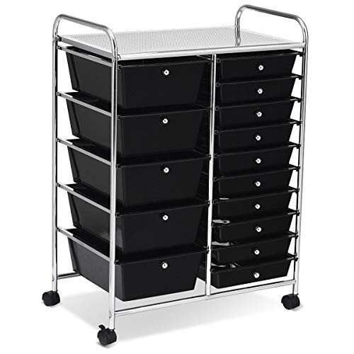 15 Drawer Rolling Storage Cart, Mobile Utility Cart with Lockable Wheels, Drawers, Multipurpose Organizer Cart for Home, Office, School, Black