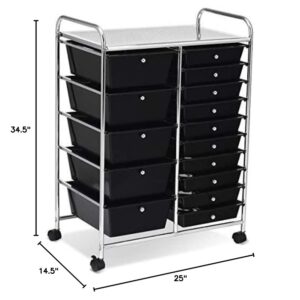 15 Drawer Rolling Storage Cart, Mobile Utility Cart with Lockable Wheels, Drawers, Multipurpose Organizer Cart for Home, Office, School, Black