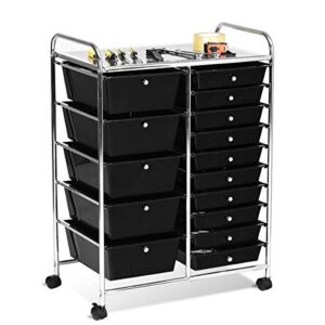 15 Drawer Rolling Storage Cart, Mobile Utility Cart with Lockable Wheels, Drawers, Multipurpose Organizer Cart for Home, Office, School, Black