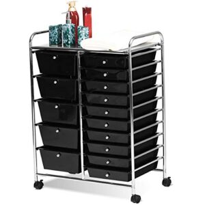 15 Drawer Rolling Storage Cart, Mobile Utility Cart with Lockable Wheels, Drawers, Multipurpose Organizer Cart for Home, Office, School, Black