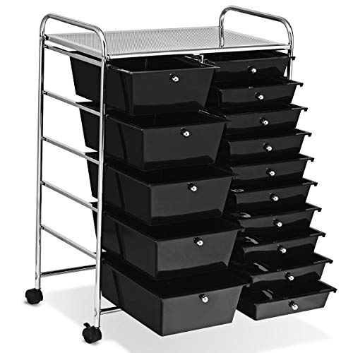 15 Drawer Rolling Storage Cart, Mobile Utility Cart with Lockable Wheels, Drawers, Multipurpose Organizer Cart for Home, Office, School, Black