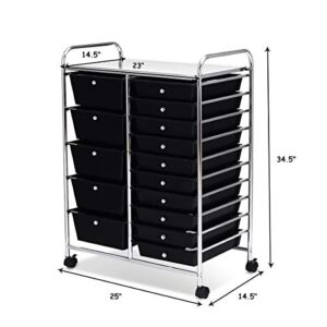 15 Drawer Rolling Storage Cart, Mobile Utility Cart with Lockable Wheels, Drawers, Multipurpose Organizer Cart for Home, Office, School, Black