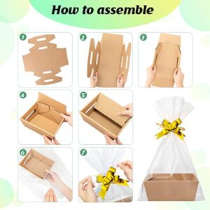 110 Pcs Large Empty Gift Basket DIY Basket for Gifts Empty Kit 30 Pcs 10 x 8.5 x 3.5 Inch Kraft Market Tray with Handle Fruit Cardboard Basket with 40 Bags 40 Gold Bows for Holiday Birthday Gift