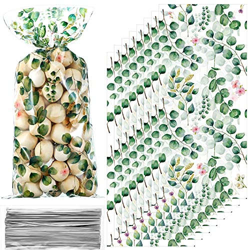 Outus Eucalyptus Party Cellophane Treat Bag Candy Bags for Baby Shower Wedding Bridal Shower Supplies Favors Decorations Birthday Theme Greenery Floral Graduation Decor(100 Pieces)