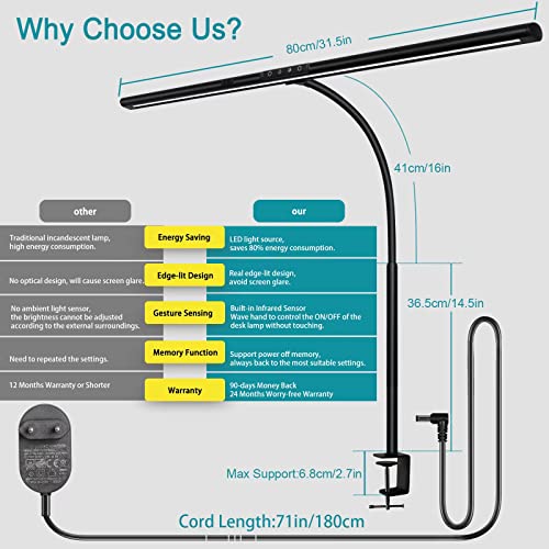 EYOCEAN Desk Lamp, 31.5" LED Desk Lamp for Home Office,24W Gesture Sensing Control Desk Light, Dimmable & Color Temperature, Eye-Caring Office Lamp, Brightest Architect Clamp Lamp for Screen/Workbench