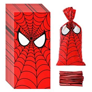 lecferrarc 100 pcs spider web print treat bags spider cellophane candy bags plastic goodie storage bags spider hero party favor bags with twist ties for kids hero theme birthday party supplies