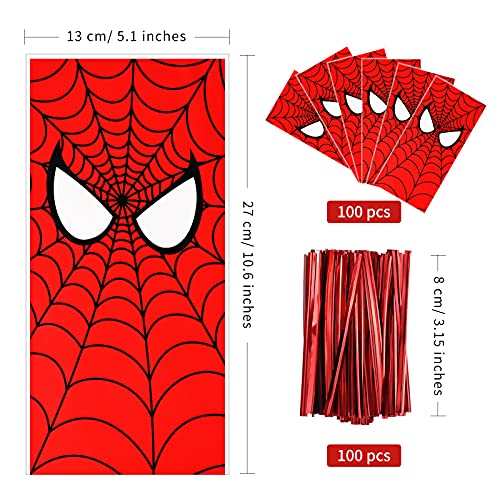 Lecferrarc 100 Pcs Spider Web Print Treat Bags Spider Cellophane Candy Bags Plastic Goodie Storage Bags Spider Hero Party Favor Bags with Twist Ties for Kids Hero Theme Birthday Party Supplies