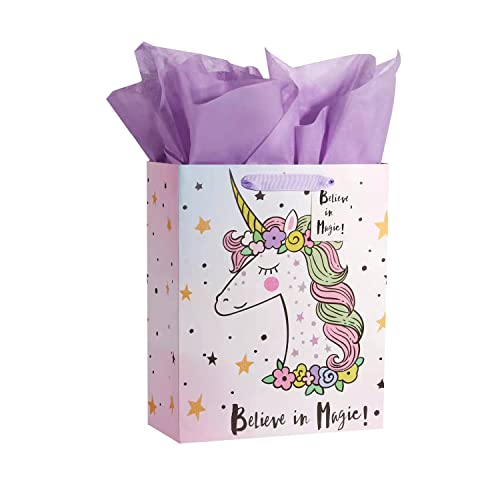 13" Large Gift Bag with Tissue Paper for Girls happy Birthday gift bags (Unicorn)