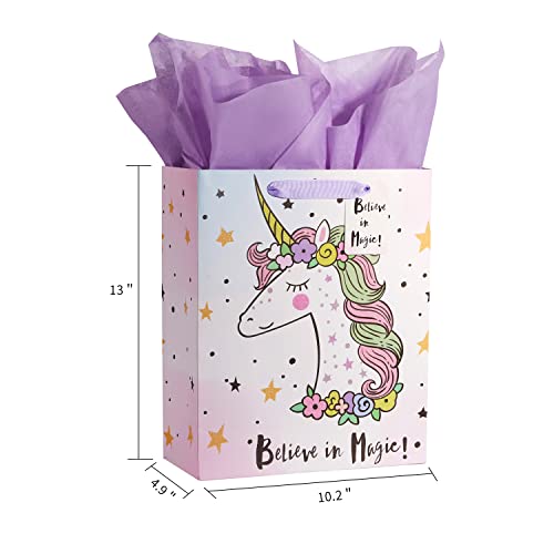 13" Large Gift Bag with Tissue Paper for Girls happy Birthday gift bags (Unicorn)