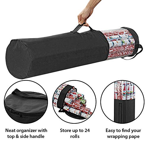 ProPik Wrapping Paper Storage Organizer Bag, Store Up To 24 Rolls 40 Inch, Heavy Duty Polyester plus PVC Clear Bag with Handles and Zippered Top for Gift Wrap and Ribbons (Black)