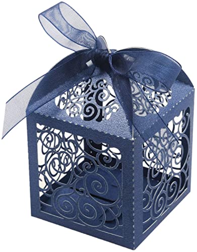 KPOSIYA 70 Pack Wedding Favor Boxes Laser Cut Boxes Party Favor Box Small Gift Boxes Lace Candy Boxes for Wedding Bridal Shower Baby Shower Birthday Party Anniverary with Ribbons (Navy, 70)