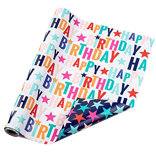 LeZakaa Reversible Birthday Wrapping Paper Roll - Happy Birthday Lettering & Star - 17 inches x 32.8 Feet (46.45 sq.ft.)