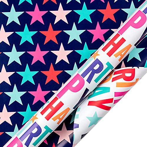 LeZakaa Reversible Birthday Wrapping Paper Roll - Happy Birthday Lettering & Star - 17 inches x 32.8 Feet (46.45 sq.ft.)