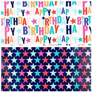 LeZakaa Reversible Birthday Wrapping Paper Roll - Happy Birthday Lettering & Star - 17 inches x 32.8 Feet (46.45 sq.ft.)