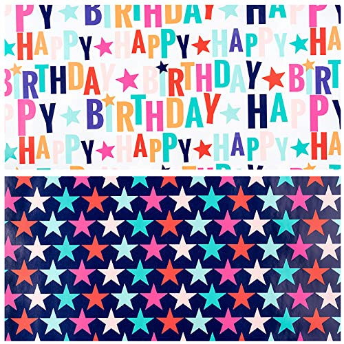 LeZakaa Reversible Birthday Wrapping Paper Roll - Happy Birthday Lettering & Star - 17 inches x 32.8 Feet (46.45 sq.ft.)