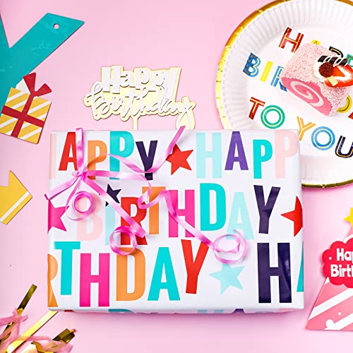 LeZakaa Reversible Birthday Wrapping Paper Roll - Happy Birthday Lettering & Star - 17 inches x 32.8 Feet (46.45 sq.ft.)