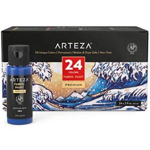 arteza permanent fabric paint, set of 24 colors, 60 ml bottles, washer & dryer safe, textile paint for clothes, t-shirts, jeans, bags, shoes, art and craft supplies for diy projects