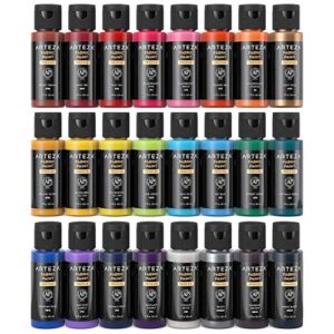 ARTEZA Permanent Fabric Paint, Set of 24 Colors, 60 ml Bottles, Washer & Dryer Safe, Textile Paint for Clothes, T-Shirts, Jeans, Bags, Shoes, Art and Craft Supplies for DIY Projects