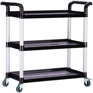 peloemns plastic utility carts with wheels, heavy duty 480lbs capacity rolling service cart, 3-tier restaurant food cart with hammer for office, warehouse, garage (lockable wheels, black)