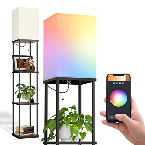 addlon Smart Modern Shelf Floor Lamp with RGB Bulb and White Lamp Shade - Display Floor Lamps with Shelves for Living Room, Bedroom and Office - Classic Black