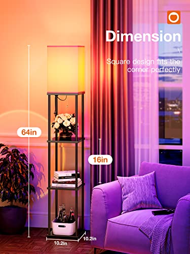 addlon Smart Modern Shelf Floor Lamp with RGB Bulb and White Lamp Shade - Display Floor Lamps with Shelves for Living Room, Bedroom and Office - Classic Black