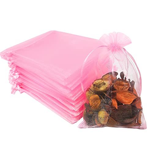 YHJZ 100PCS Organza Bags, 4x6 inches (10x15cm) Sheer Drawstring Gift Bags, Organza Jewelry Pouches, Jewelry Gift Bags, Packaging Bags for Party, Jewelry, Festival, Bathroom Soaps, Makeup Organza Favor Bags (Pink)