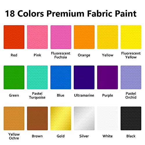 Fabric Paint, Shuttle Art 18 Colors Permanent Soft Fabric Paint in Bottles (60ml/2oz) with Brushes, Palette, Stencils, Non-Toxic Textile Paint for T-shirts, Shoes, Jeans, Bags, DIY Projects&Art Crafts