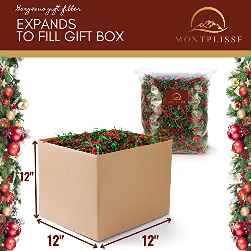 Montplisse Crinkle Cut Paper Shred Filler, Shredded Paper for Gift Baskets, Perfect Festive Basket Filler for Christmas Gifts. 1LB. Brilliant Red & Green Crinkle Paper fills 4 gift boxes.