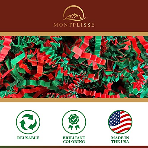 Montplisse Crinkle Cut Paper Shred Filler, Shredded Paper for Gift Baskets, Perfect Festive Basket Filler for Christmas Gifts. 1LB. Brilliant Red & Green Crinkle Paper fills 4 gift boxes.