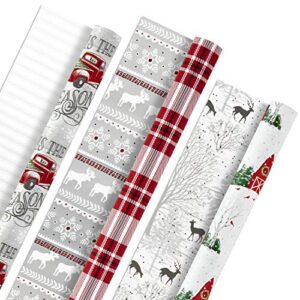 hallmark holiday reversible wrapping paper bundle, rustic christmas (pack of 3, 120 sq. ft. ttl) plaid, barn, red truck, moose, woodland scenes